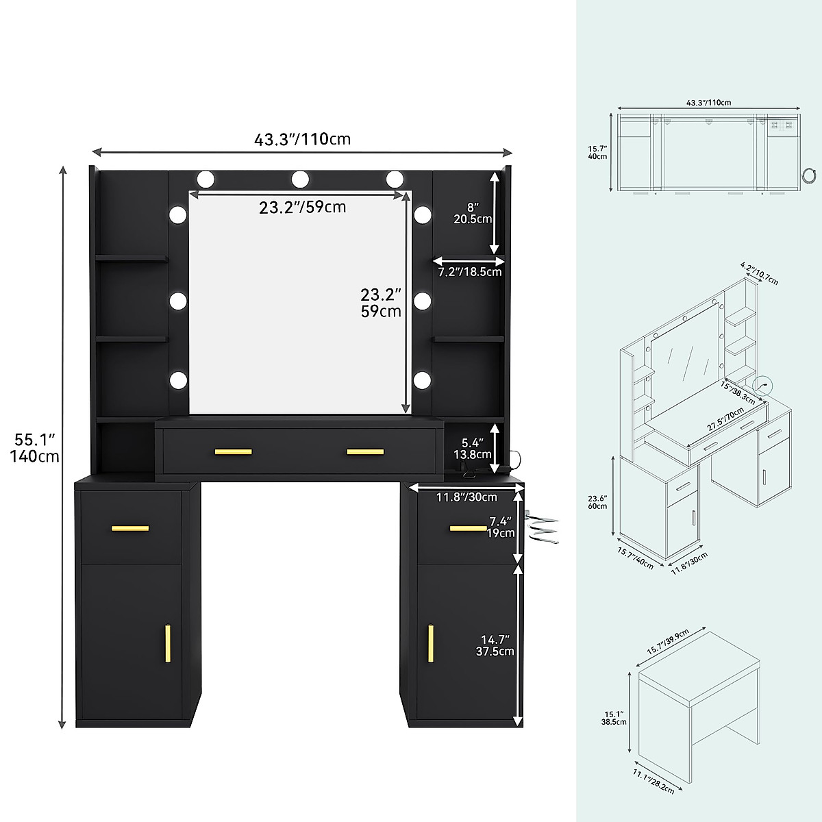 YITAHOME Makeup Vanity Desk with Mirror and Lights, Large Vanity Set with Charging Station, Dressing Table with Storage Bench, Makeup Vanity Mirror with Shelf and Drawers, 3 LED Lights Modes, Black