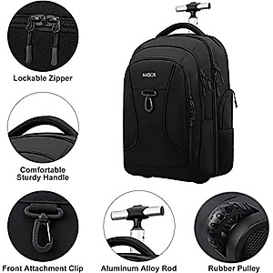 AMBOR Rolling Backpack, Waterproof 18 Inch Wheeled Backpack, Carry-on Bag Luggage Suitcase Compact Business Backpack with Wheels, Student Rolling Laptop Bag Carry Luggage - Black