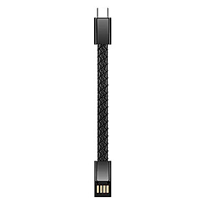 Outstanding USB Type-C Charging Cable Bracelet Neutural, USB C Phone Charger 2.4A Current, Wristband Design Charger Leather Bracelet Portable Travel Charger, Braided Cord Black 22.5cm