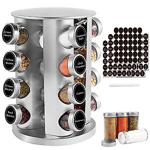 Rotating Spice Rack with 16 Jars, Revolving Spice Rack Organizer for Cabinet, Seasoning Organizer Stainless Steel Kitchen Spice Tower with Labels for Countertop