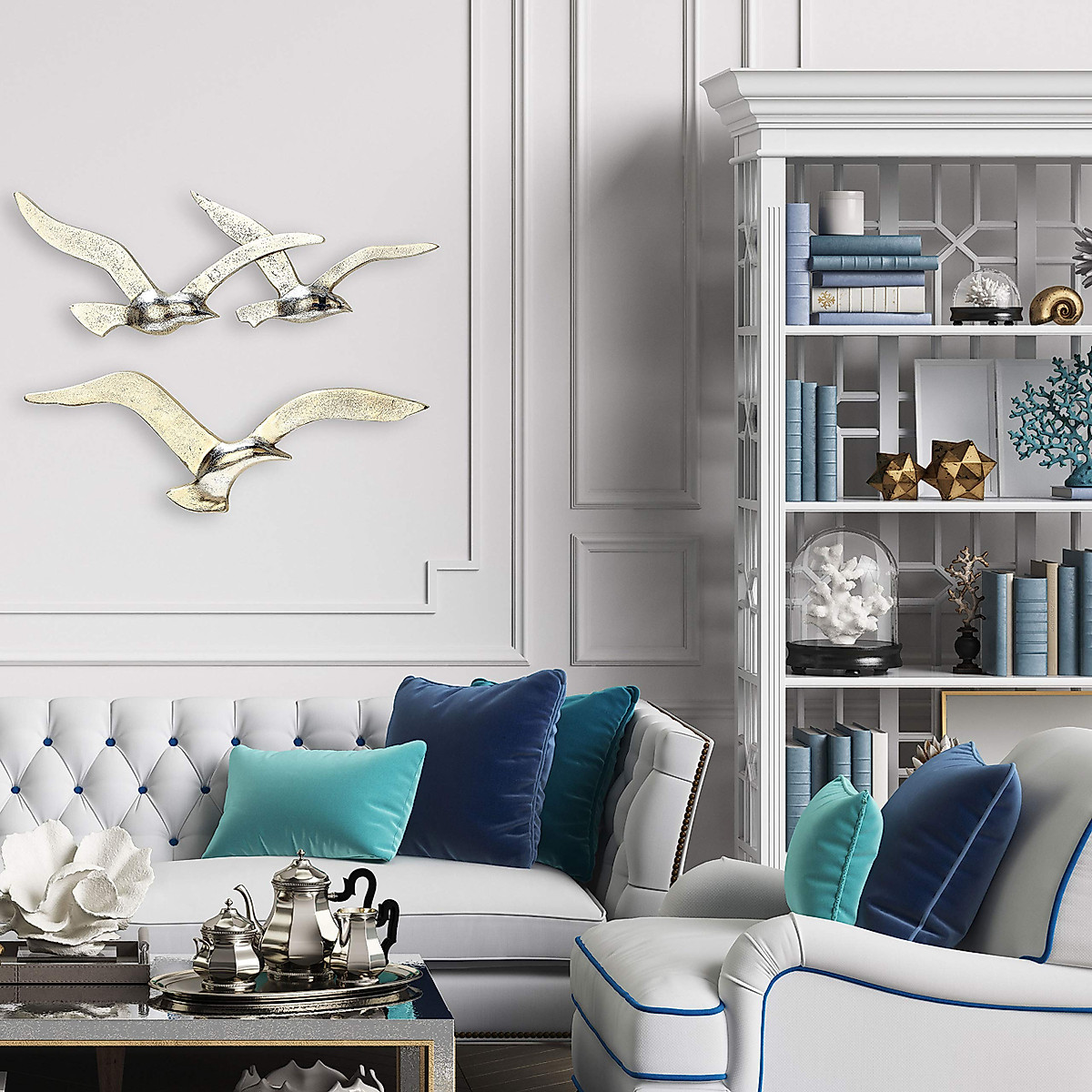 WHW Whole House Worlds Americana Flying Birds Metal Wall Decor Art, Handcrafted, Cast of Fine Silver Aluminum, Bas-relief, 15.25 Inches Wide and 13.25 Inches Wide