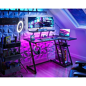 MOTPK Small Gaming Desk with LED Lights & Power Outlets, 39 Inch L Shaped Gaming Computer Desk with Storage Shelf, Gamer Desk with Monitor Stand, PC Gaming Table with Carbon Fiber Texture, Black