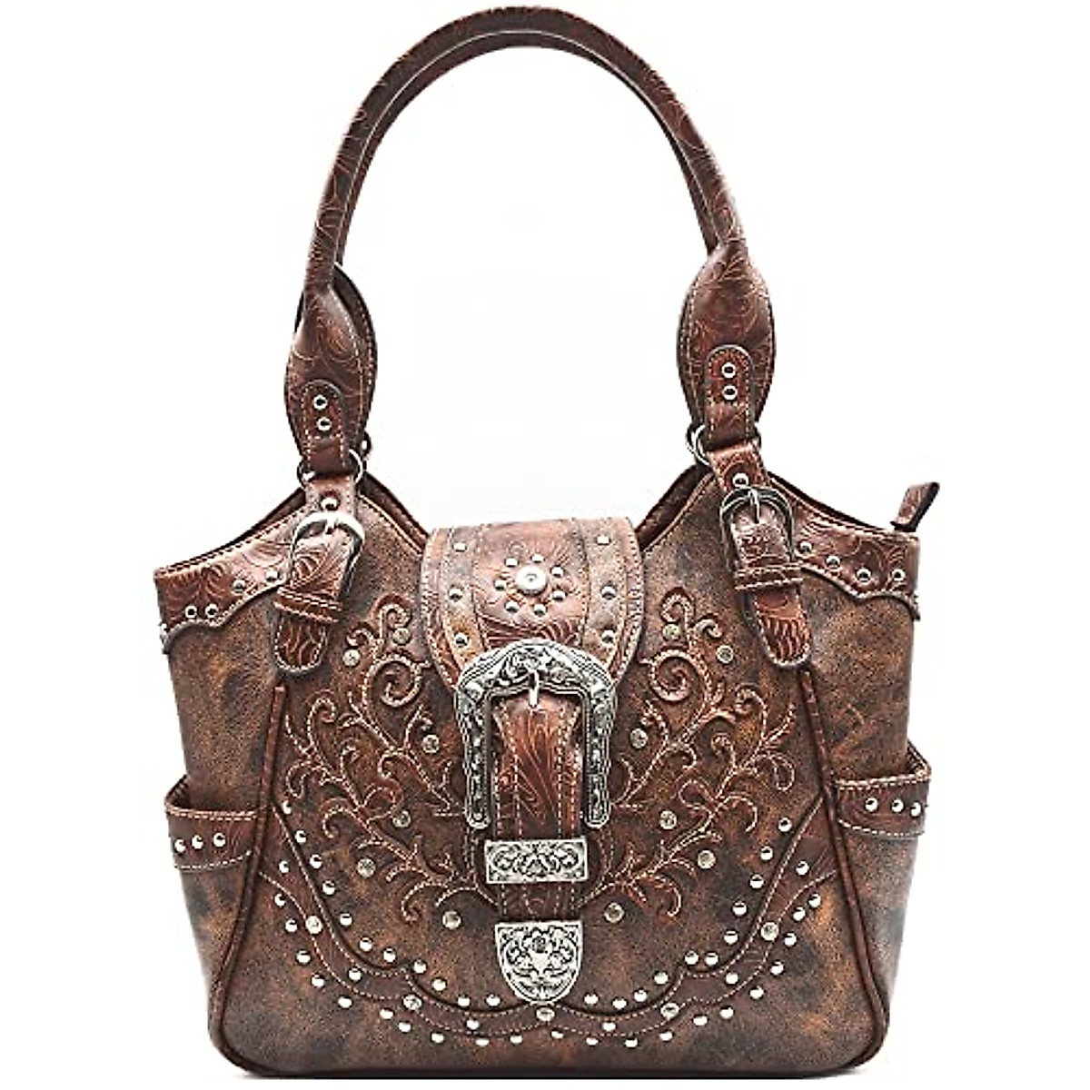 Western Style Tooled Leather Floral Women Conceal Carry Purse Buckle Handbags Country Shoulder Bags Wallet Set Brown