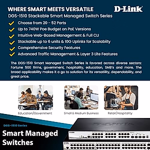 D-Link 52-Port Gigabit Stackable Smart Managed Switch with 10G Uplinks | 48 Gigabit Ports + 4 10GbE SFP+ Ports| L2+/L3 Lite |VLANs |Web Managed |Surveillance Mode |NDAA Compliant (DGS-1510-52X)