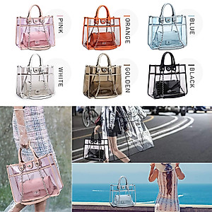Large Clear Tote Bag PVC Top Handle Shoulder Bag 2 Pieces Set With Turn Lock Closure (Pink)