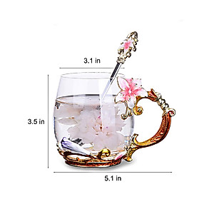 Tea Cup, Mother's Day Gifts, Gifts Coffee Mug Cups, Lily Flower Glass Tea Cup, Unique Personalized Birthday Present Ideas for Women Grandma Mom Teachers Hot Beverages 12OZ Pink