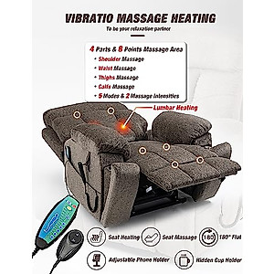 Cobplns 26 in Extra Wide Recliner&Overstuffed Chair, 400lb Weight Capacity 180° Adjustment Comfort Large Recliner & Lift Chair with Water Cup Holder, Full Body Massage, Lumbar Heating(Grey)