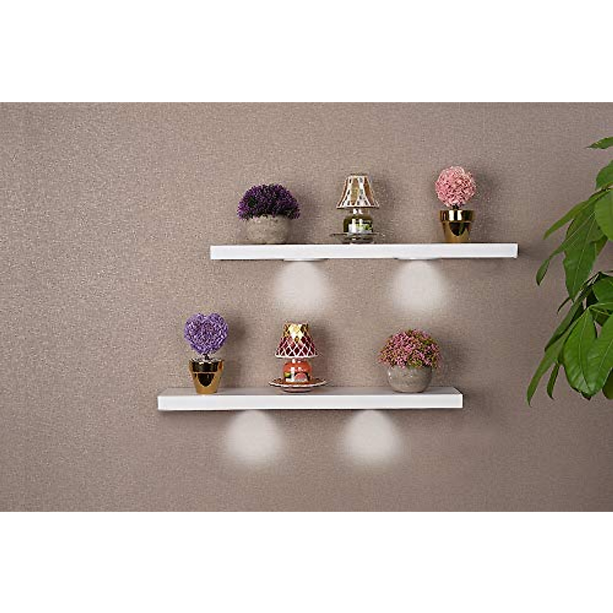 SkyMall Versatile Wood Floating Wall Shelves with LED Lights - White (Set of 2)