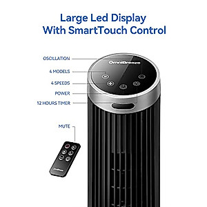 OmniBreeze Digital Electric Tower Fan, with Remote Control, LED Display, Standing Bladeless Floor Fans Cooling and Quite Indoor Living Room Bedroom use (36 Inch)…