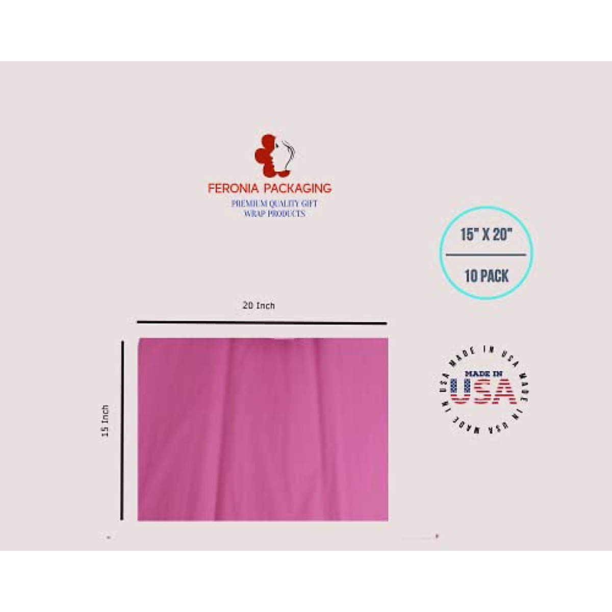 Feronia packaging Hot Pink Tissue Paper Squares, Bulk 10 Sheets, Premium Gift Wrap and Art Supplies for Birthdays, Holidays, or Presents, Large 15 Inch x 20 Inch Made in USA