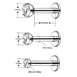 FLOGWE Implant Grade Titanium Lip Stud Rings 20G 6mm Barbell Threadless Push-in Flat Back Nose Stud Ring Earring Stud CZ 2mm 2.5mm 3mm Piercing Jewelry
