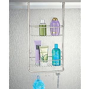 mDesign Stainless Steel Bath/Shower Over Door Caddy, Hanging Storage Organizer 2-Tier Rack with 6 Hooks and 2 Baskets - Holder for Soap, Shampoo, Loofah, Body Wash, Omni Collection, Satin