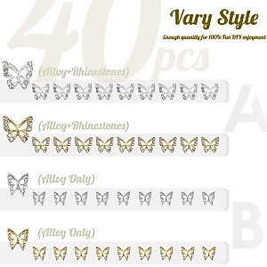Butterfly Nail Charms, 60pcs 3D Golden Silver Butterfly Charms for Acrylic Nails, 20 Butterflies Nail Rhinestones Gems Charms +40 Alloy Studs, Nail Art Crystals Diamonds Decor Supplies for Nails DIY