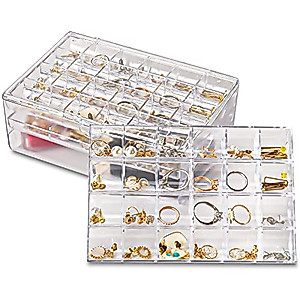 INMORVEN Earring Organizer, Jewelry Organizer Box for Earrings Storage, Clear Acrylic Bead Organizer with 38 Small Compartment Tray, 3 Layer Stackable Jewelry Case Gift for Women Girls