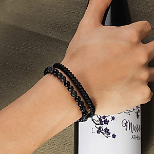 CARITATE Black Beaded Bracelets for Men Boys - 6mm Obsidian Onyx Lava Beads Mens Bracelet Set Mens Jewelry - Cool Anniversary Valentines Fathers Birthday Gifts for Him Boyfriend Husband Man Son Dad