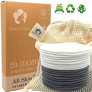 20 Packs Reusable Makeup Remover Pads - Organic Natural Bamboo and Bamboo Charcoal Set for Light and Heavy Makeup and Skin Care With Laundry Bag