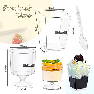 200Pcs Dessert Cups with Spoons 100Pcs 5 OZ Mini Clear Plastic Appetizer Parfait Cup 100 Spoon Small Fruit Ice Cream Mousse Pudding Serving Bowl Shooter for Party Square Wine Shot Glasses Round Goblet