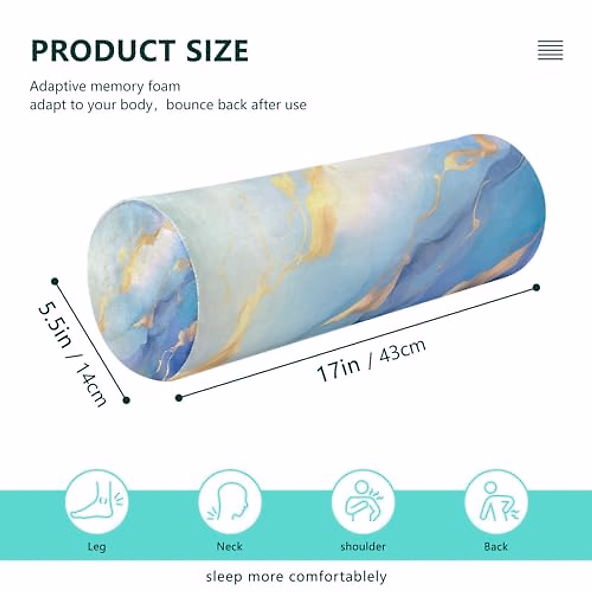 SDMKA Blue Gold Marble Cervical Neck Roll Pillow - Bolster Memory Foam Pillow for Neck Pain Relief, 5.5 x 17 Inch Cylinder Pillow, Perfect Sleeping Support