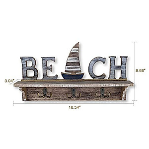 SAILINGSTORY Beach Wall Decor, Beach Sign Key Holder for Wall Mounted Coat Rack with Shelf, Beach Decor Nautical Decor Key Hook for Wall with Shelf