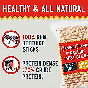 Canine Chews Chicken-Wrapped Rawhide Twists for Dogs - Pack of 100 U.S.A. Sourced Chicken Wrapped Rawhide Dog Treats, Sticks for Dogs - Premium & Natural Beefhide Chews