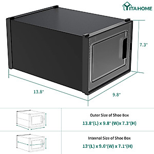 YITAHOME 18 Pack Shoe Storage Boxes Fit up to US Size 13, Stackable Plastic Shoe Organizer Box, Space Saving Sneaker Containers for Bedroom, Entryway, Closet (Black, Medium)