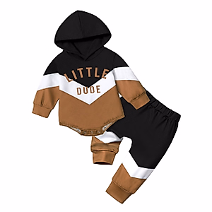 AGAPENG Baby Boy Clothes 3-6 Months Color Block Hoodie Sweatsuit Oversized Sweatshirt Onesie Romper Long Pants Fall Baby Boy Clothes Baby Boy Winter Clothes Thanksgiving Outfit Brown