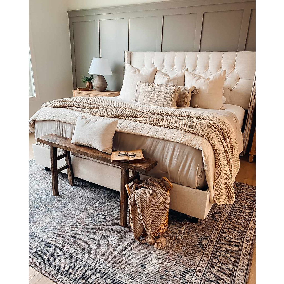 Hauteloom Ganyangan Boho Vintage Distressed Damask Area Rug - Farmhouse Traditional Floral Faded Carpet for Living Room, Bedroom - Machine Washable Rug - Brown, Taupe, Cream - 7'10" Square