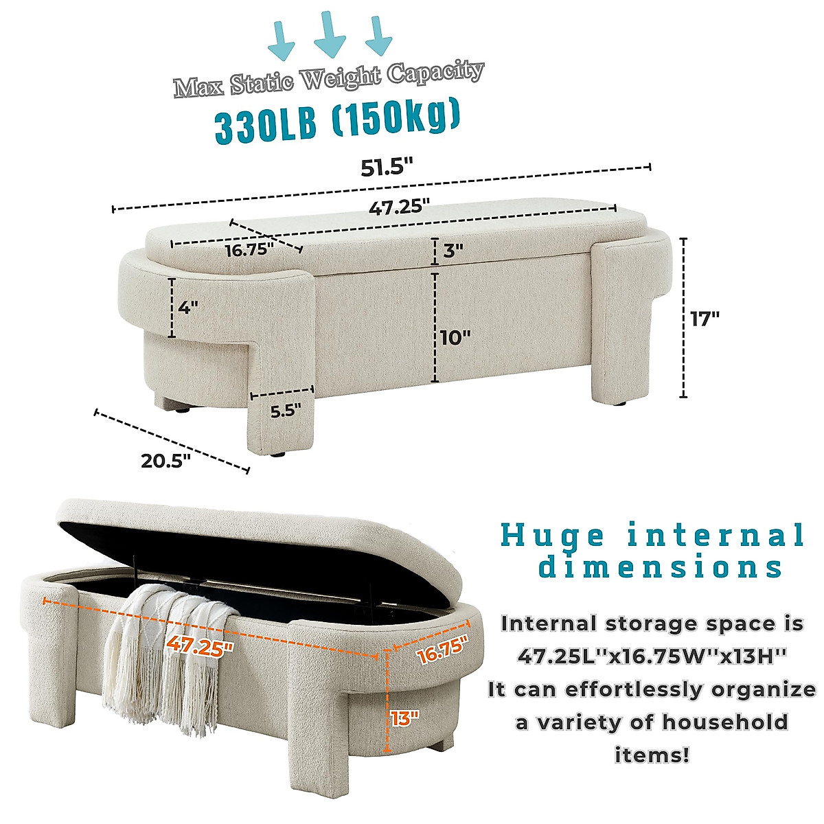 Wunlerlant 51.5" Oval Storage Bench End of Bed Storage Ottoman Benches Linen Fabric Upholstered Oversized Ottoman Bench with Large Storage Space for Living Room Entryway Bedroom Hallway Window Seating