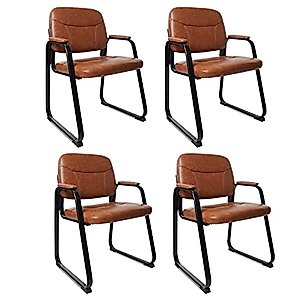 CLATINA Reception Chair with Sled Base and Bonded Leather Padded Armrests, Modern Style Guest Chair for Office Meeting Waiting Room Conference Desk, Brown (4 Pack)