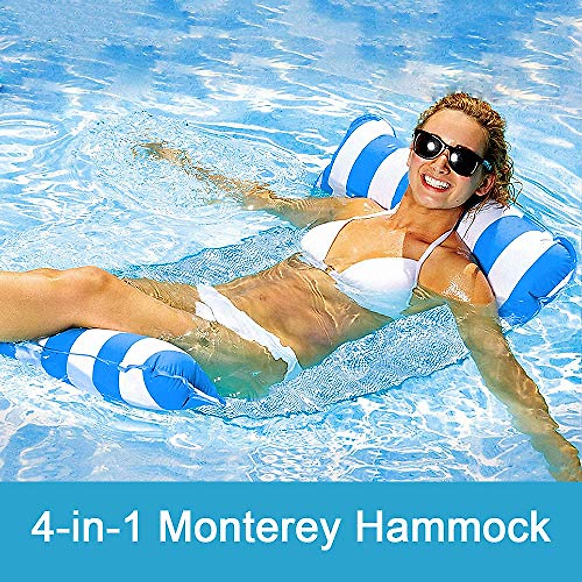Water Hammock Inflatable Pool Float for Adult, Swimming Mesh Floating Bed Hammocks (Saddle, Lounge Chair, Hammock, Drifter) Pool Chair Lounge Bed Swim Chair (Blue Stripe)