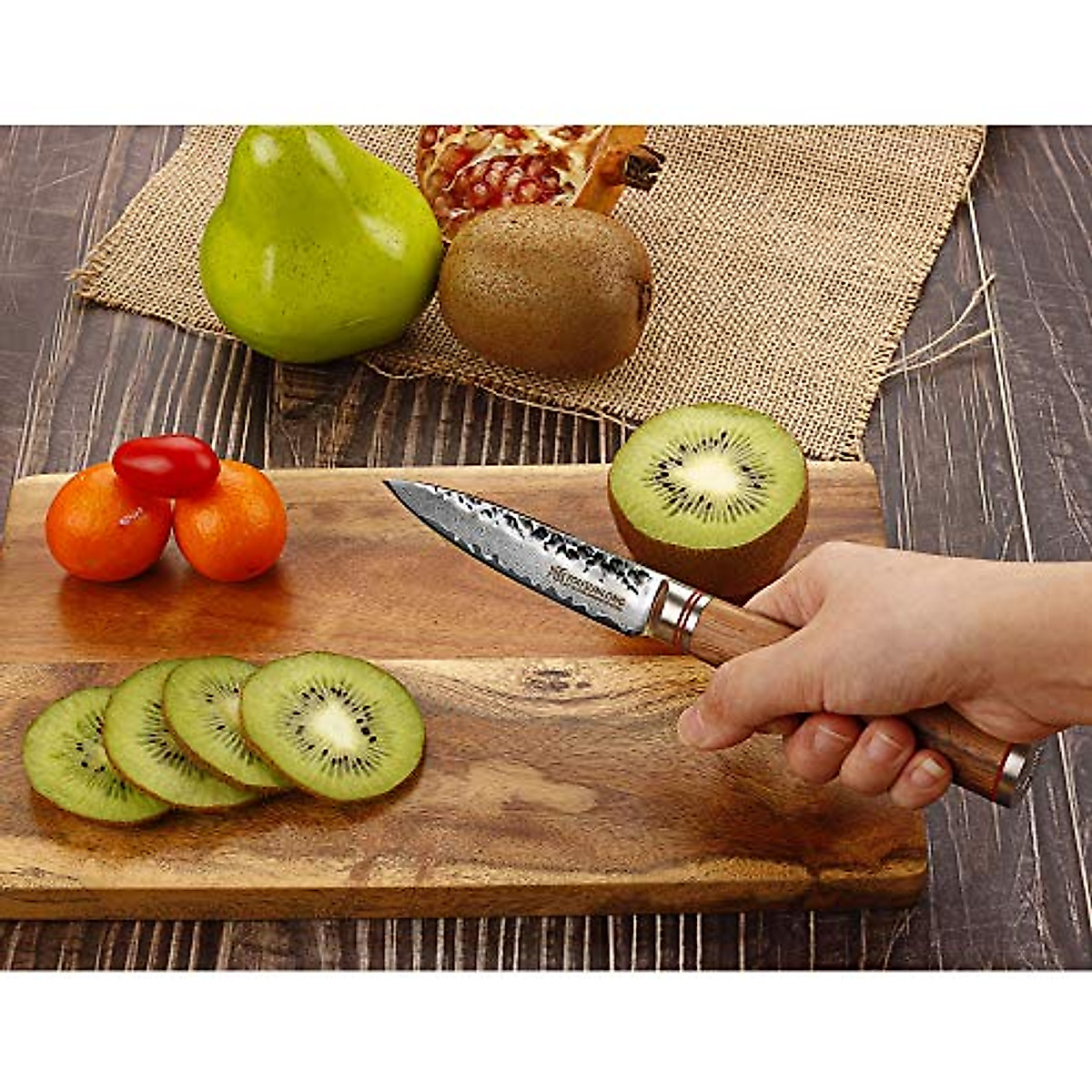 YOUSUNLONG Paring Knives 3.5 Inch - Japanese Hammered Damascus Steel Peeling Knife - Natural Walnut Wooden Handle