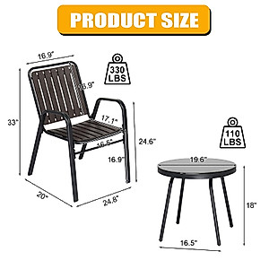 VINGLI 3 Piece Patio Furniture Set Metal Patio Chairs Set of 2 w/PP Backrest and Seat, Outdoor Bistro Set for 2 Porch Furnitutre, Yard, Balcony