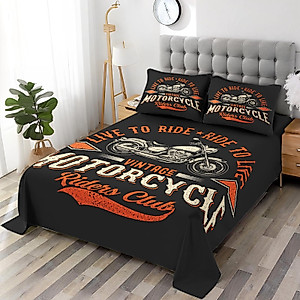 Pamnest 4 Pieces Queen Size Bed Sheet Sets, Bike Retro Motorcycle Soft Microfiber Bedding Sets for Kids and Adults Bedroom Bed Decor, Race Vintage Flat Sheet, Fitted Sheet and Pillowcases