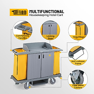 TUFFIOM Industrial Multifunctional Locking Hotel Cart,Commercial Traditional Cleaning Janitorial Room Service Housekeeping Cart, 51" H x 59" W x 20" D,Grey