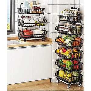 6 Tier Fruit Vegetable Storage Basket, Stackable Metal Wire Basket with Wheels, Fruit and Vegatable Storage Cart, Potato and Onion Storage Bin for Kitchen, Bathroom, Bedroom