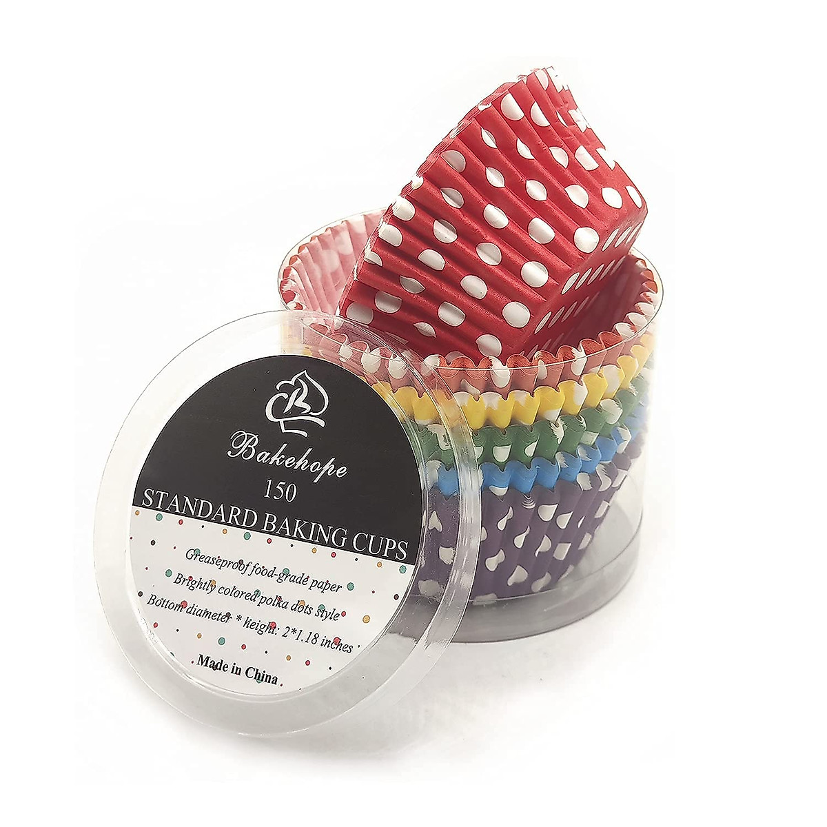 Bakehope Standard Baking Cups, Cute Polka Dots Greaseproof Cupcake Liners(6 Colors,150 Counts)