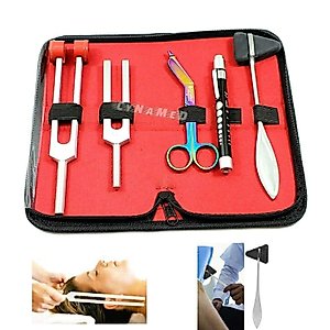 Premium Student Diagnostic Kit- Reflex Hammer & Tuning Fork Set C 128 And C 512 + Wartenberg Pinwheel Premium Steel Bandage Scissor 7.5” (Set Of 5 Rainbow Scissors Reusable Penlight)