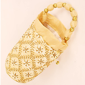 INDTRESOR beaded handcrafted embroidered evening purse drawstring handbag vintage party wedding gift for women. Cream Gold