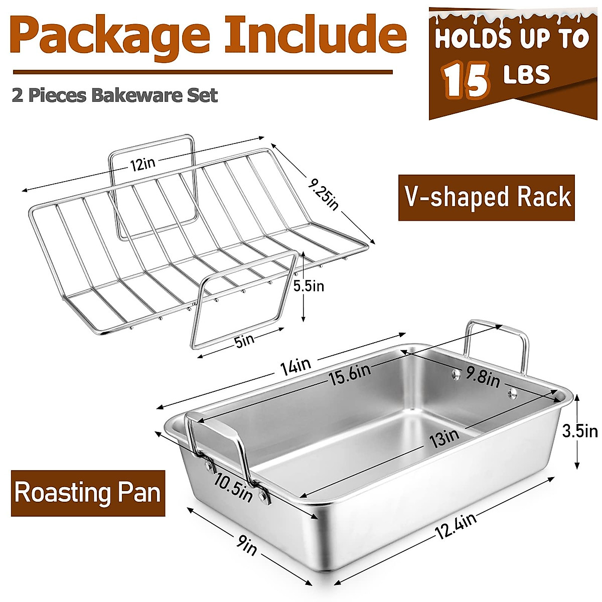 Joyfair 14-inch Roasting Pan with Rack, Stainless Steel Turkey Roaster Baking Pan & V-Shaped Rack for Chicken Meat Vegetable, Rectangular Lasgana Pan with Riveted Handle, Heavy Duty & Dishwasher Safe