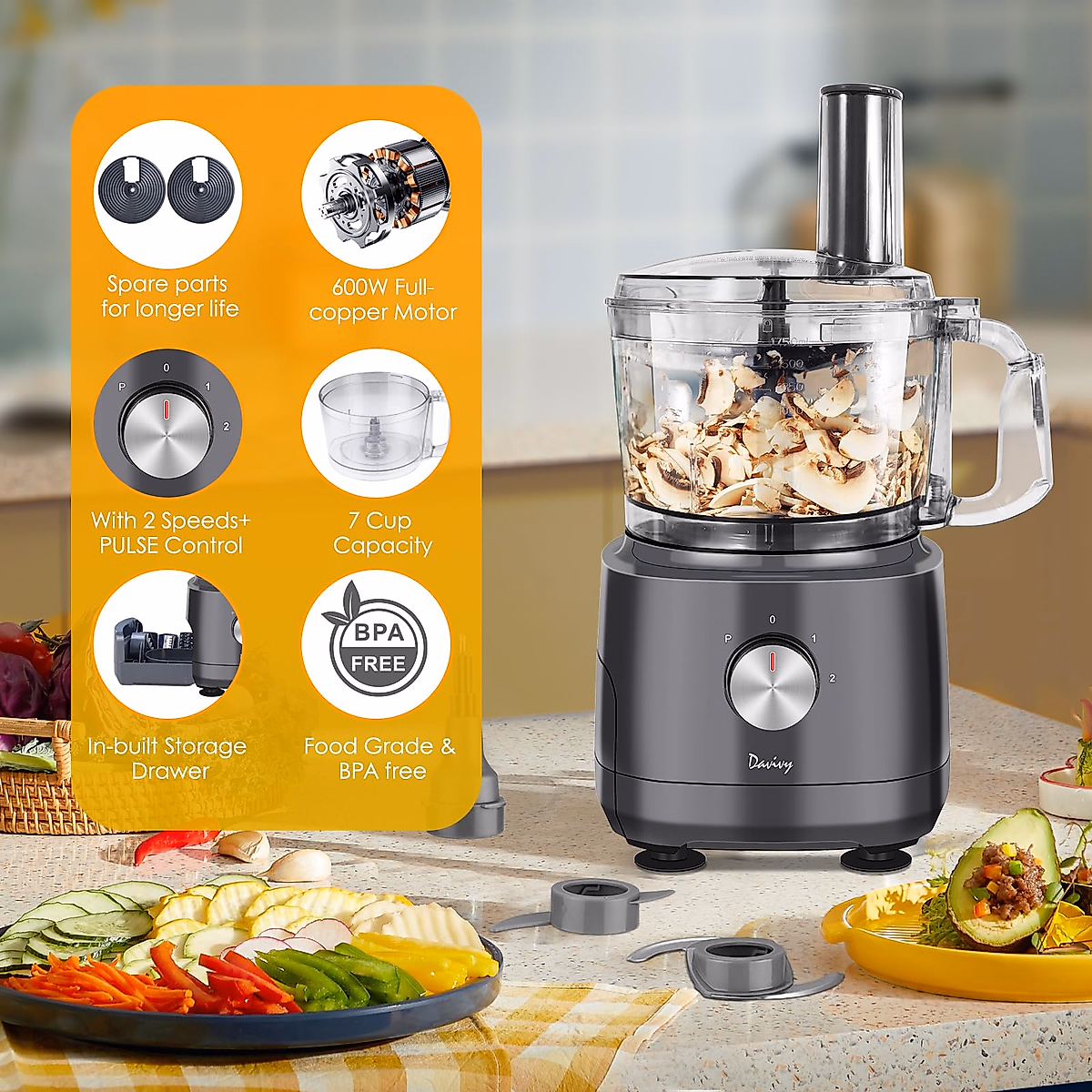 Davivy Food Processor 7 Cup, Built-in Storage Drawer Small Food Processors with 10 set blades,French fry cutting,Wavy slicing for Home Use,3-Speed, Grey,600W