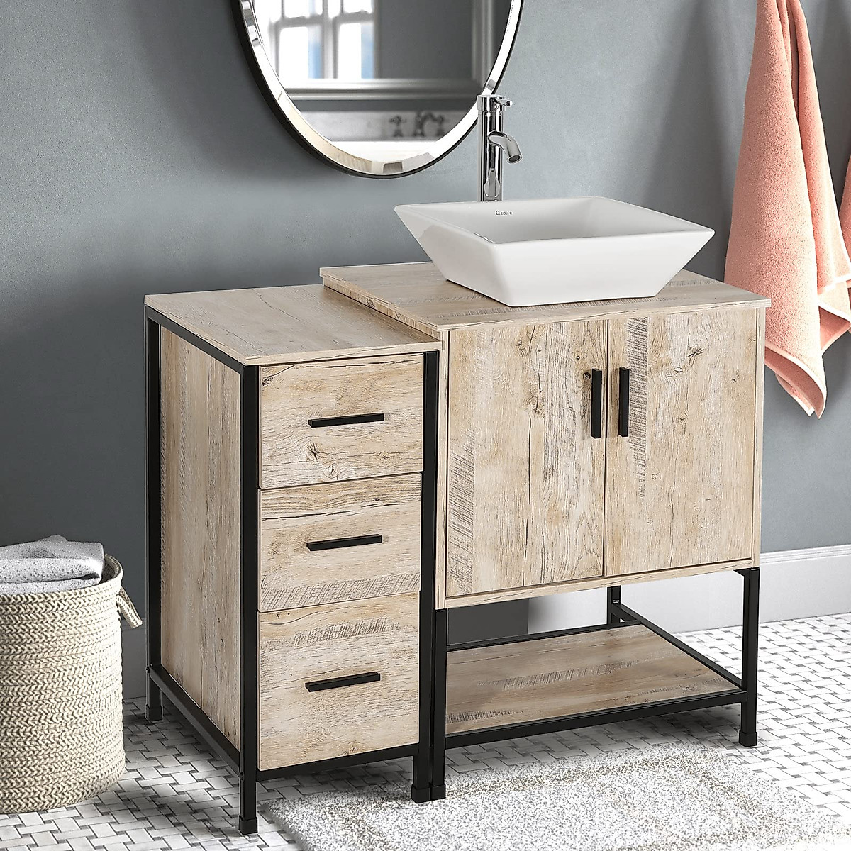 eclife 36" Bathroom Vanity Sink Combo Modern Metal Stand Cabinet W/Bottom Shelf & Storage Side Cabinet White Square Vessel Sink & Water Save Faucet & Pop Up Drain, Oak (A07)