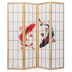 MoNiBloom Japanese Room Dividers 4-Panel Lifelike Koi Fish Decor Shoji Screen, 5.9 ft Portable Room Separating Divider, Free-Standing Oriental Decorative Privacy Screen for Home Office Changing Room
