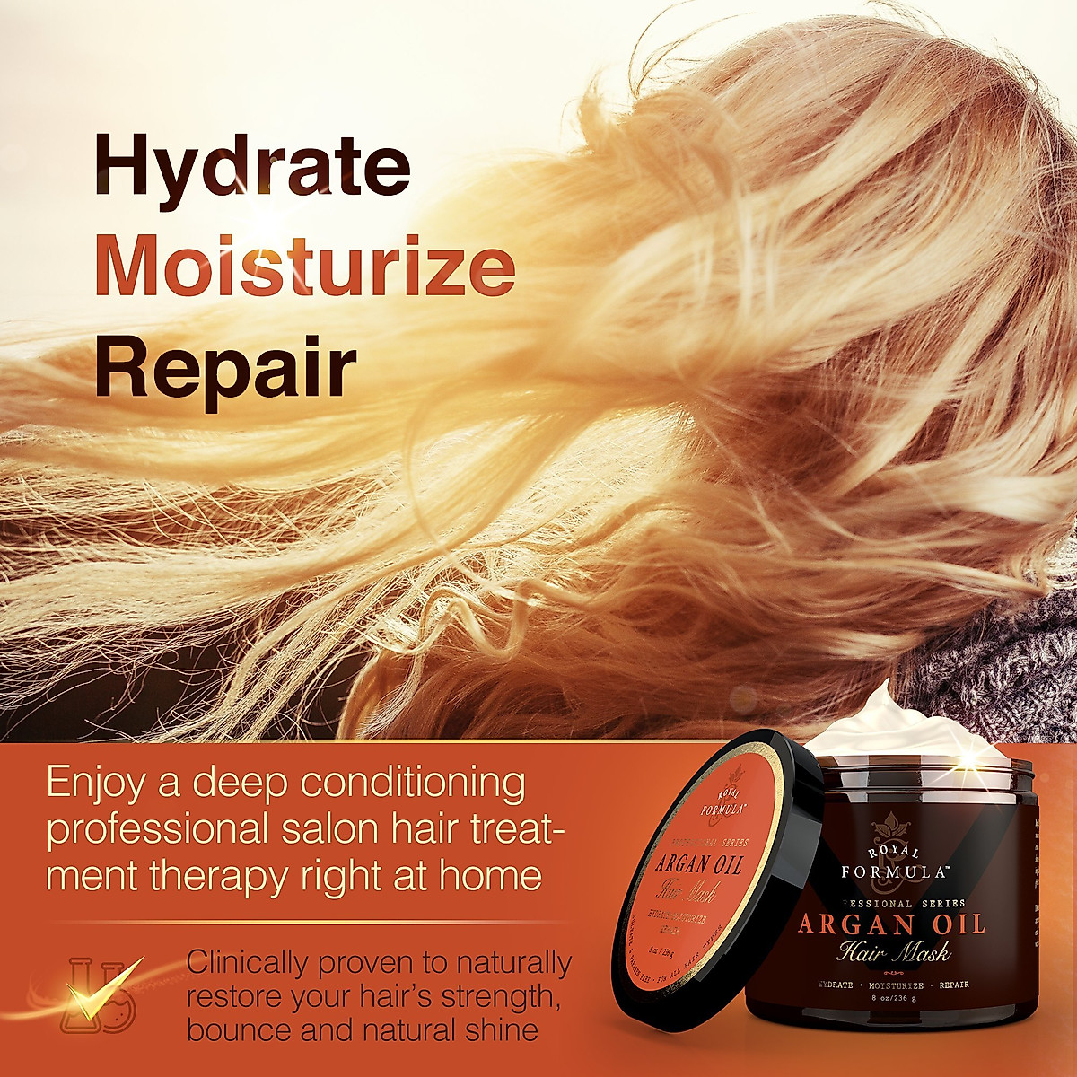 Argan Oil Hair Mask, 100% Organic Argan & Almond Oils - Deep Conditioner, Repair Dry Damaged, Color Treated & Bleached Hair - Hydrates & Stimulates Hair Growth, 8 Oz