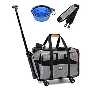 Lekereise Cat Dog Carrier with Wheels Airline Approved Rolling Pet Carrier with 1 Bowl, Grey