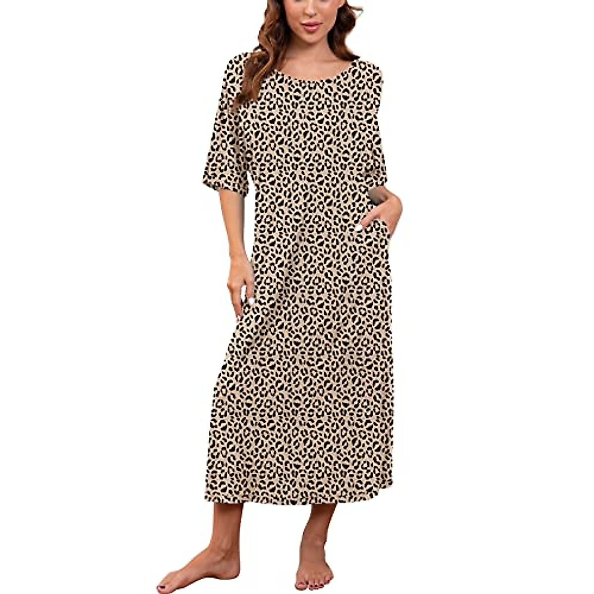 PrinStory Womens Long Nightgown Round Neck Nightshirts Short Sleeve Loose Loungewear Casual Sleep Dress With Pockets FP-Leopard Khaki-X-Large