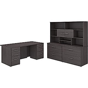 Bush Business Furniture Office 500 Executive Desk with Drawers, Lateral File Cabinets and Hutch, 72W, Storm Gray