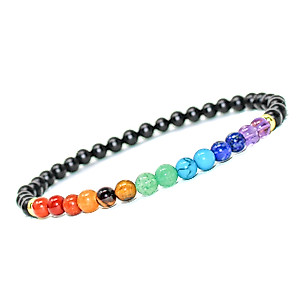 Azenway Charged Healing Crystal Bracelet - Natural 4mm Gemstones with 14k Gold Filled Bead, Stretch Cord - Semi-Precious Jewelry for Women & Men (7 Chakra Black Onyx, Medium)
