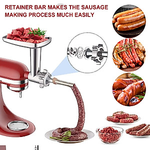 Metal Food Grinder Attachments for KitchenAid Stand Mixers, Meat Grinder, Sausage Stuffer, Meat Grinder for Kitchenaid Mixer, Includes 4 Grinding Plates, 3 Sausage Stuffer Tubes, 3 Grinding Blades