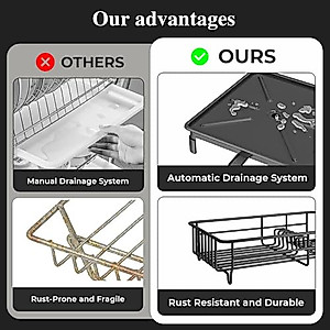 Famhap Small Dish Drying Rack, Dish Rack with Drainboard Dish Drainers for Kitchen Counter Sink Adjustable Spout, in Sink Dish Strainers with Utensil Holder and Knife Slots, Black