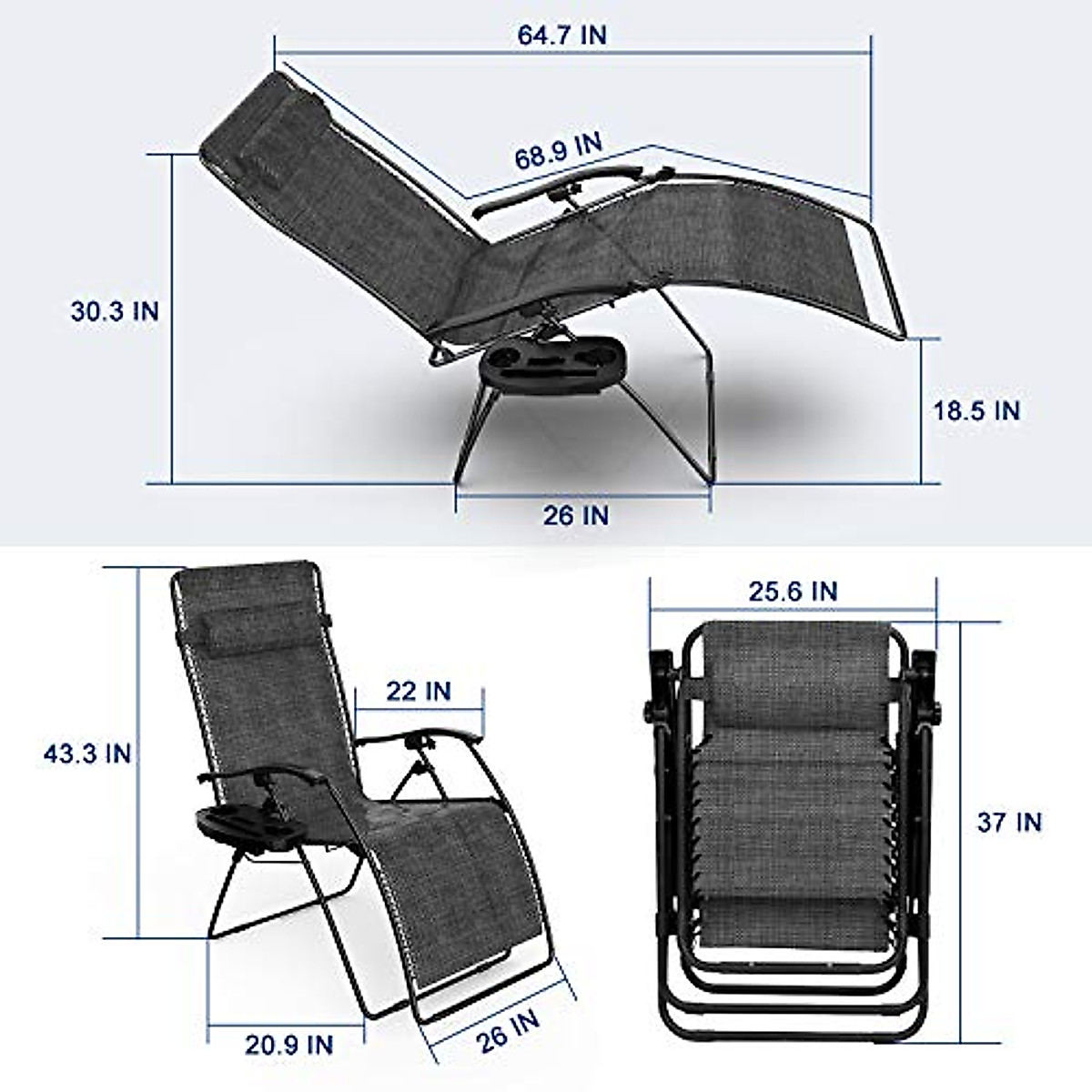 Keten Zero Gravity Chair, Patio Folding Lounge Chair Recliners, Adjustable Lawn Lounge Chair with Pillows Replacement Cords Cup Holders for Backyard Poolside Beach Set of 2(Black)
